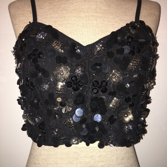 Topshop | Tops | Topshop Black Sequin Bead Embellished Crop Top | Poshmark